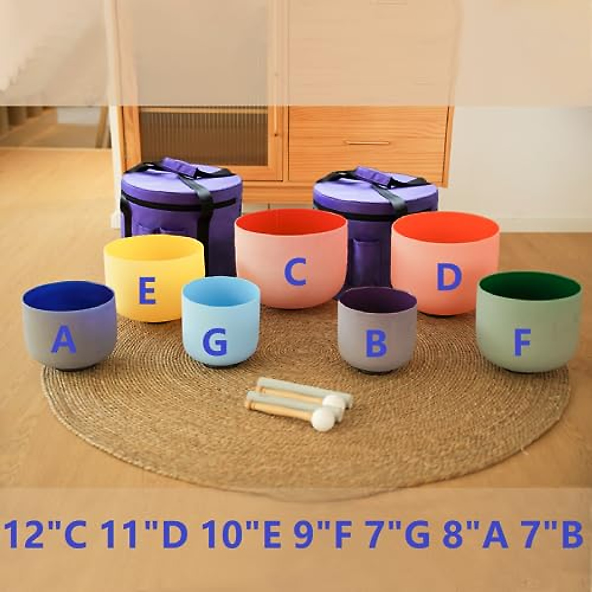 7-12 Inch Full Color Crystal Singing Bowls Set of 7 pcs for Yoga Sound Healing with 2 pcs Travel Carriers