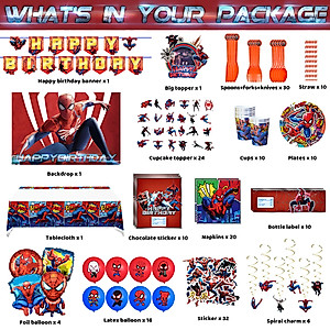 Birthday Party Supplies,186pcs Spider Theme Style Party Decorations Include Happy Birthday Banner,Backdrop,Tableware Set,Tablecover,Cake Toppers,Cupcake Toppers,Latex Balloons Set,Bottle Labels,Chocolate Stickers