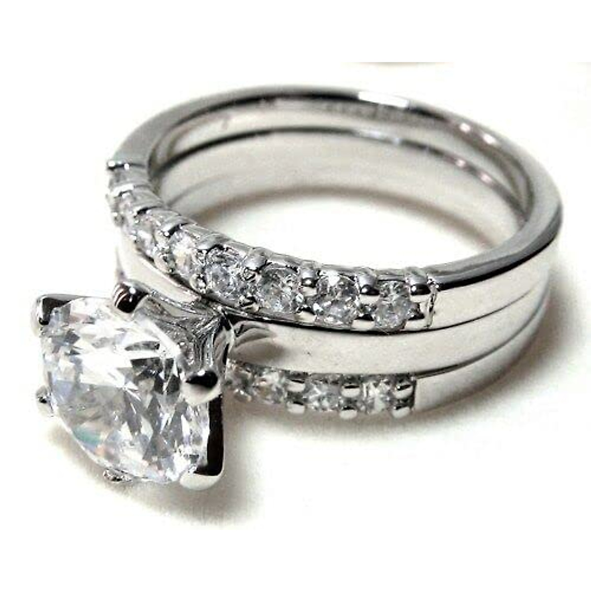 DESTINY JEWEL 3.10Ct Round Cut Diamond Solitaire Bridal Engagement And Wedding Trio Ring Set. Solid 925 Silver 14K White Gold Over Trio Ring Set. _8