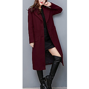 chouyatou Women's Big Notch Lapel Single Breasted Mid-Long Wool Blend Coat (Large, Wine Red)