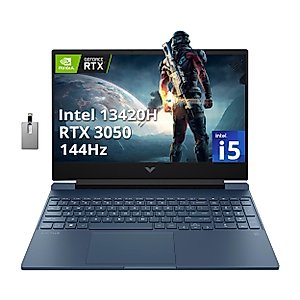 HP Victus Gaming Laptop, 15.6'' FHD 144Hz IPS Display, Intel Core i5-13420H, NVIDIA GeForce RTX 3050, 64GB RAM, 2TB PCIe SSD, Backlit Keyboard, Wi-Fi 6, HD Camera, Win 11 Pro, Blue, 32GB USB Card