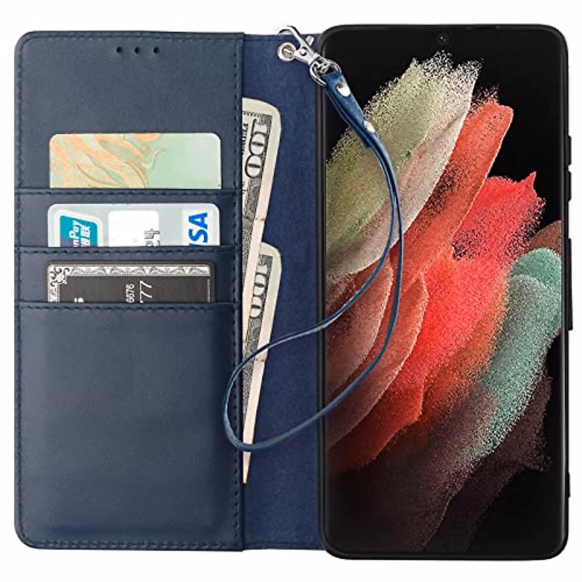 ONETOP for Samsung Galaxy S21 Ultra Wallet Case with Card Holder, Genuine Leather RFID Blocking Kickstand Wireless Charging Compatible, Long Magnetic Clasp Folio Cover with Wrist Strap 6.8 Inch Blue