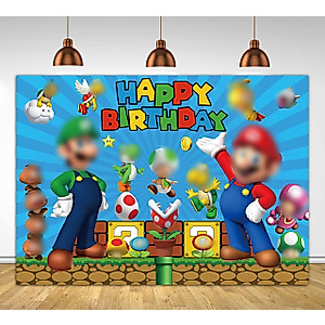 Super Brother Happy Birthday Backdrop Video Adventure Game Children Boy Photo Theme Party Decorative Shooting Gold Coin Mushroom Blue Element Prop Banner (5x3FT(150x90cm))