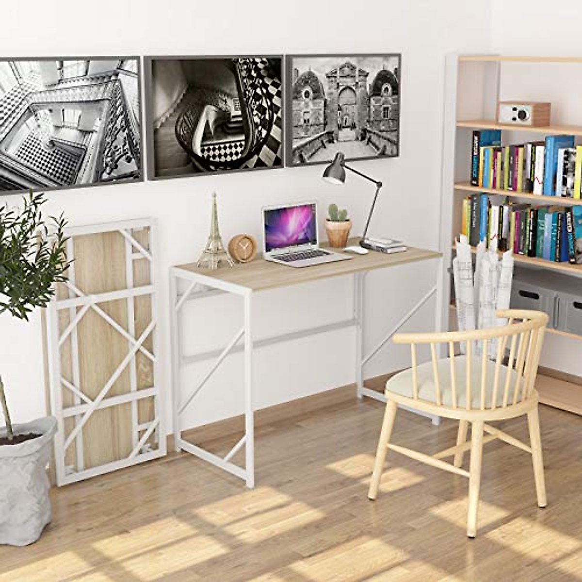 Elephance 40" Folding Computer Desk No Assembly Needed Foldable Small Home Office Desk Study Writing Desk Gaming Table for Small Space (Beige)