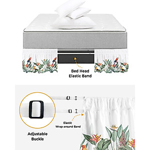 Tropical Flowers Bed Skirt Queen Size 16 Inch Drop,Adjustable Elastic Wrap Around Bed Skirts Pleated Luxury Dust Ruffles for Twin Full Queen Cal King Bed,Palm Tree Leaves Bird Rustic Greenery Plant