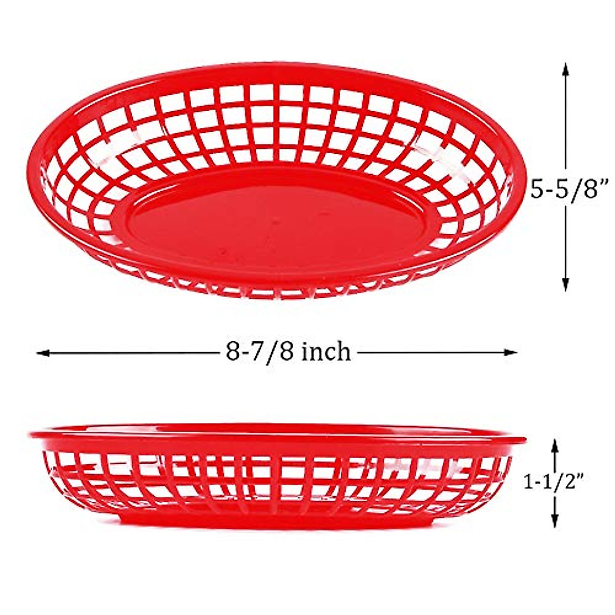 Kingrol 30 Red Oval Fast Food Baskets w/ 250 Checkered Deli Liners, 8.9 x 5.6 x 1.5 Inch Plastic Platter, Storage Basket Bin for Home, Office, School, Picnic