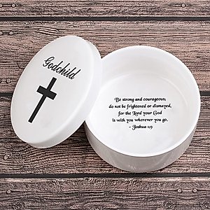 Godchild Baptism/Dedication/Christening Baptism Gift For Boy, Girl from Godparents Precious Moments Boy With Bear Praying Cross Godchild Baptism Baby Shower Joshua 1 9 Be Strong from Godmother