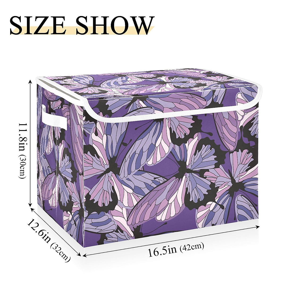 FOLIOSA Storage Boxes Butterflies Purple collapsible Flip-top locker Fabric Storage Bins with Handle for Home Bedroom Closet Office 16.5×12.6×11.8 in