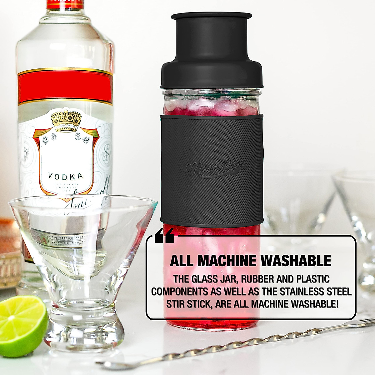 Masontops Cocktail Shaker Set – Glass Mason Jar Drink Shaker – 4 PC Set with Metal Swizzle Stick - Black