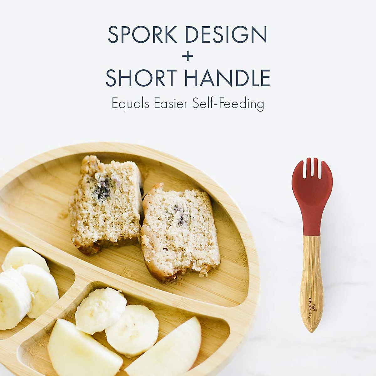 Avanchy Baby Fork Set, Bamboo and Silicone Spork Utensils, Toddler Baby Led Weaning Silverware Cutlery Flatware, Kids First Self Feeding, 2 Pack, Blue