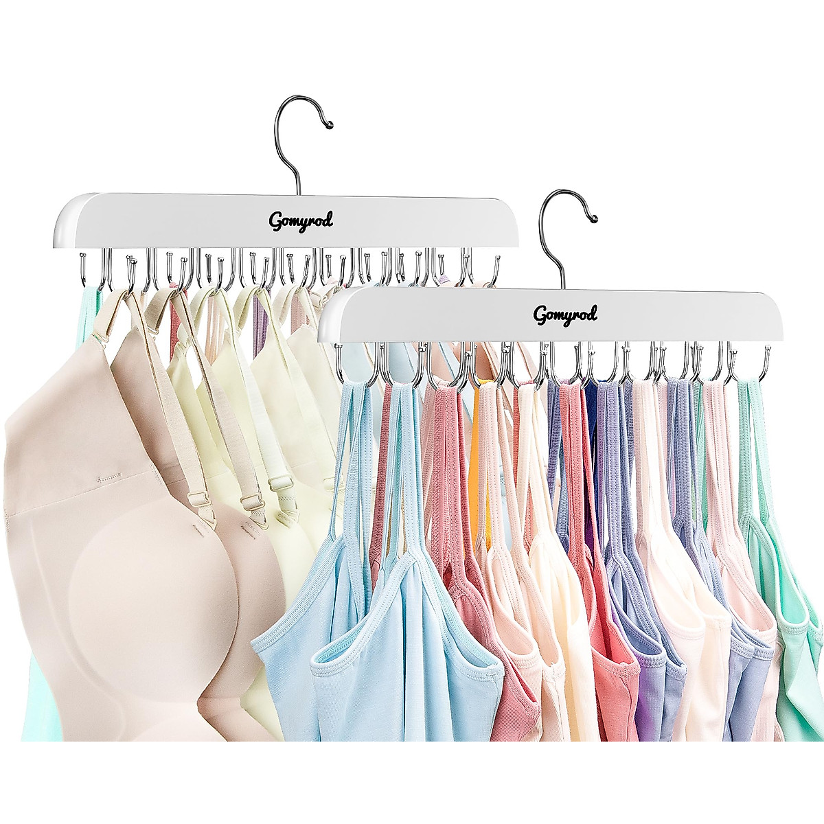Bra Hanger for Closet, 2 Pack Tank Top Hanger w/20 Hooks Capacity Foldable Wood Space Saving Hangers, 360°Rotating Closet Organizers and Storage for Dorm & Apartment for Bra Scarf Ties(White)