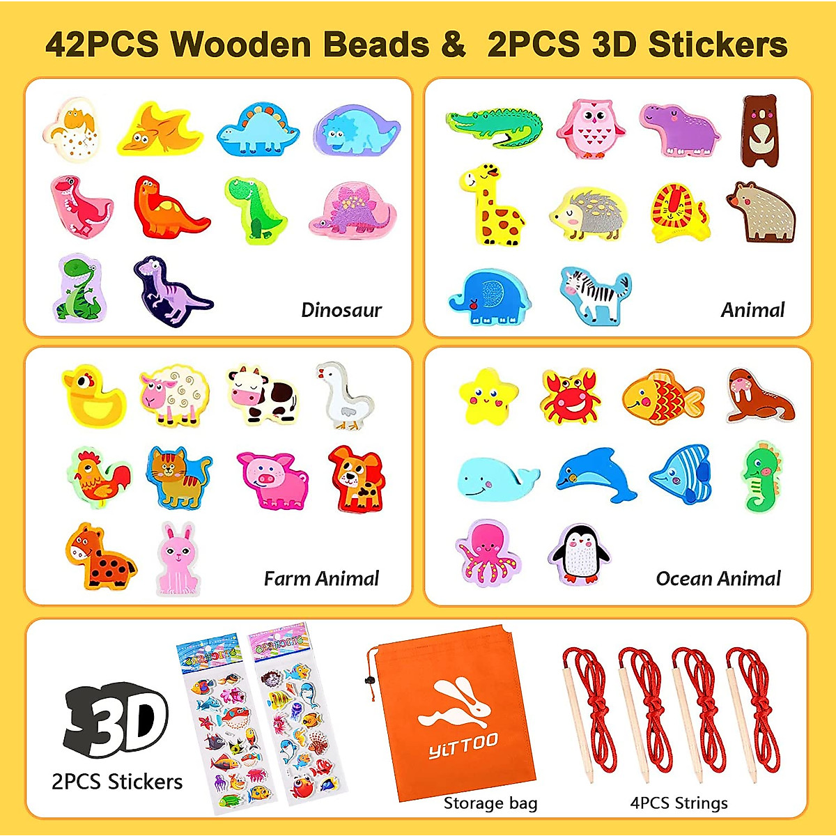 Eivaai Montessori Educational Wooden Lacing Beads Toys for Toddler 3 4 5 Year Old, Farm Animals Dinosaur Fish Threading Toys Preschool Stringing Fine Motor Skills Toy for Boys Girls