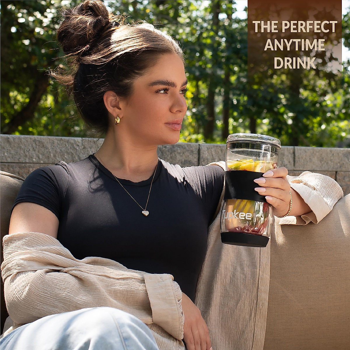 Tupkee 20 oz Double Wall Glass Tumbler With Lid – All Glass Reusable Insulated Hand Blown Glass Travel Mug - For Coffee, Tea, Boba, Iced Coffee, and Smoothie Cup To Go – Black