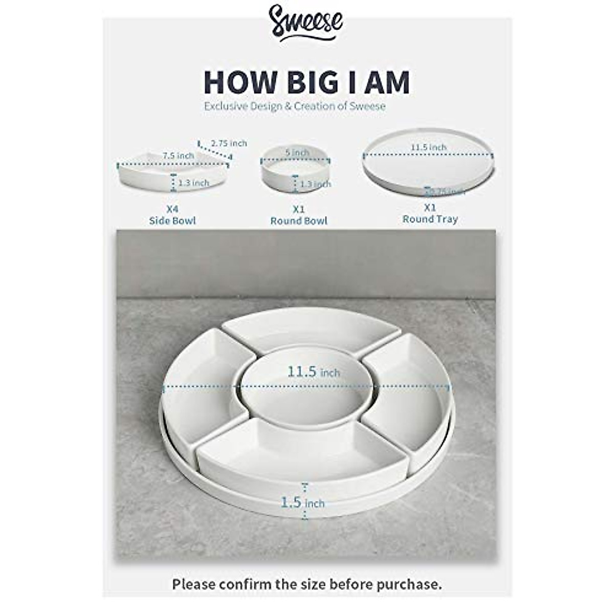 Sweese 707.001 Porcelain Divided Serving Dishes, Relish Tray, Serving Bowls for Parties - Perfect for Chips and Dip, Veggies, Candy and Snacks, White