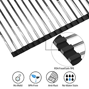 Roll Up Dish Drying Rack Over Sink Over The Sink Dish Drying Rack Kitchen Dish Drainer, Folding Dish Rack for Kitchen Sink Counter Stainless Steel Rectangular Tubing Mat Foldable Dish Dryer Racks