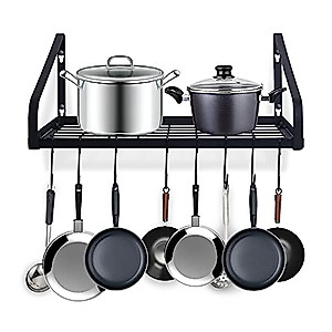 ZHOHO TANT Hanging Pot Rack Pot Pan Rack Wall Mounted Pan and Pot Hanger with 8 Hooks for Kitchen Cookware Utensils 2 DIY Methods Black Steel Pan and Pot Hanging Organizer