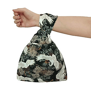 BAR Stylish Cotton Japanese Pattern Wrist Bag Sleeve Knot Pouch Portable Canvas Tote Purse for Female, Women (Black Grus Japonensis)