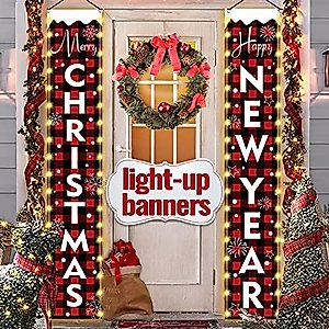 Outdoor Christmas Decorations for Home - Red Buffalo Check Plaid Signs with Lights - Modern Farmhouse Decor - MERRY CHRISTMAS HAPPY NEW YEAR Rustic Xmas Banners for Porch Indoor Outside Door Party