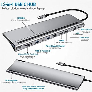 CHYSP 12 in 1 USB C Hub Laptop Docking Station Type-C to Dual HDMI-Compatible/VGA/USB 3.0 Hub/PD/RJ/Micro-SD/TF Card Dock Adapter
