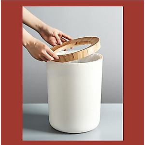 ETRAVEL Storage Box with Lid, Bin Made of Bamboo and Plastic, Bathroom Storage Pot Cosmetics Make-Up, Round Plastic Cotton Bud Cotton Pad Holder for the Bathroom--12L (White wood grain cover)