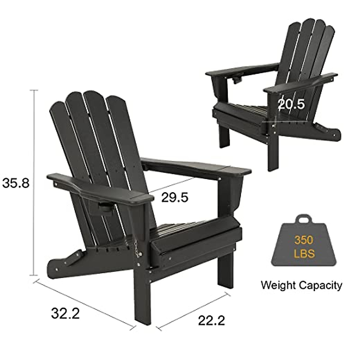 doubob Folding Adirondack Plastic Outdoor Patio HDPE Weather Resistant Fire Pit Chairs for Deck Backyard Lawn Garden, Extra Large, Black