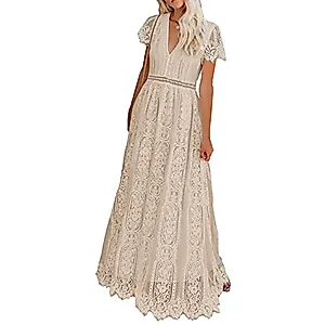 PRETTYGARDEN Women's Floral Lace Maxi Dress 2023 Short Sleeve V Neck Bridesmaid Wedding Evening Party Dresses (Apricot,Medium)