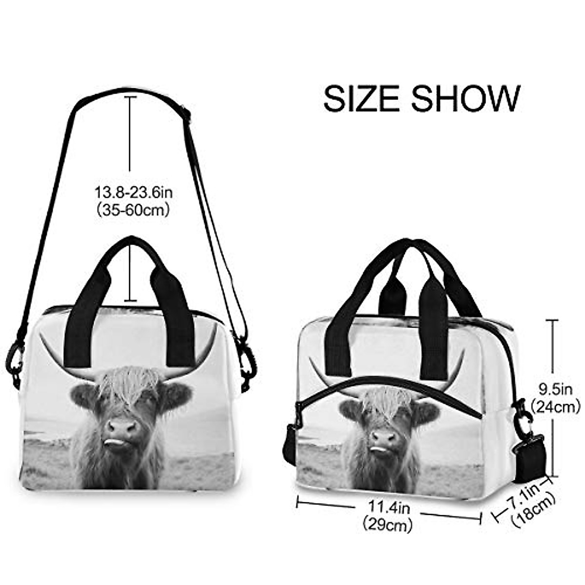 Blueangle Funny Scottish Highland Cow Portable Lunch Bag with Detachable Shoulder Strap, Insulated Cooler Thermal Reusable Bag Lunch Box Handbag