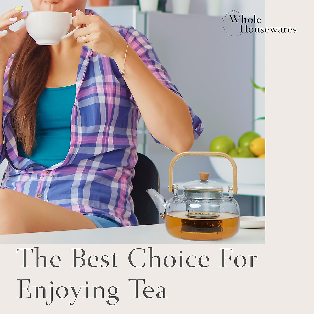 WHOLE HOUSEWARES Glass Teapot with Infuser - Borosilicate Glass Tea Kettle with Bamboo Lid - Clear Tea Pot - Dishwasher & Stovetop Friendly - Microwave Safe - Tea Lovers Gift Cups