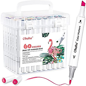 Ohuhu Markers Brush Chisel Tip: 60 Colors New Brush Double Tipped Water-Based Art Marker for Kids Adults Coloring Book Calligraphy Drawing Sketching Bullet Journal with 1 Colorless Blender and Case
