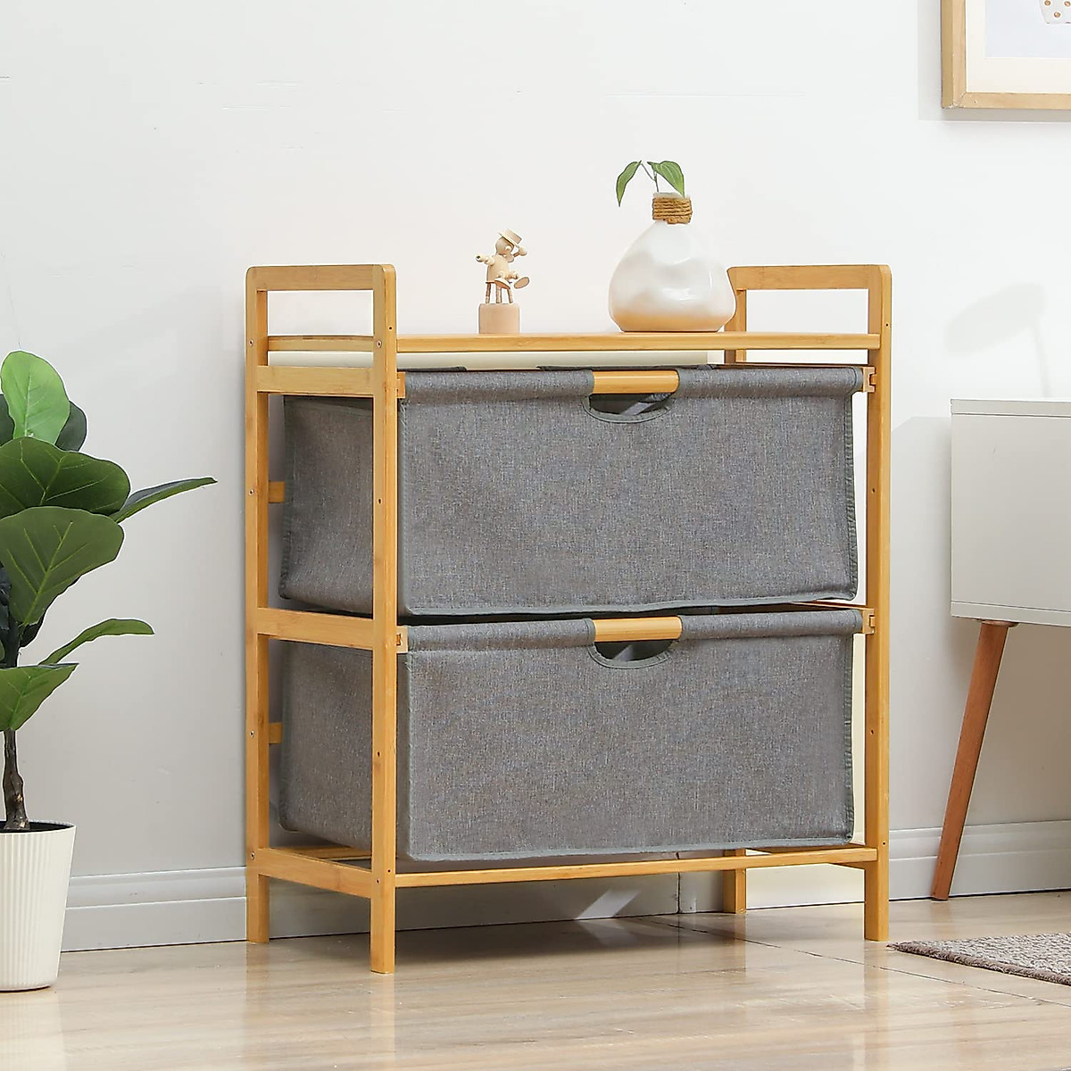 Magshion Storage Dresser with 2 Drawers, Bamboo Frame Fabric Storage Tower, End Side Table Nightstand with 2 Fabric Bins, Chest Storage Organizer for Bedroom, Living Room, Hallway
