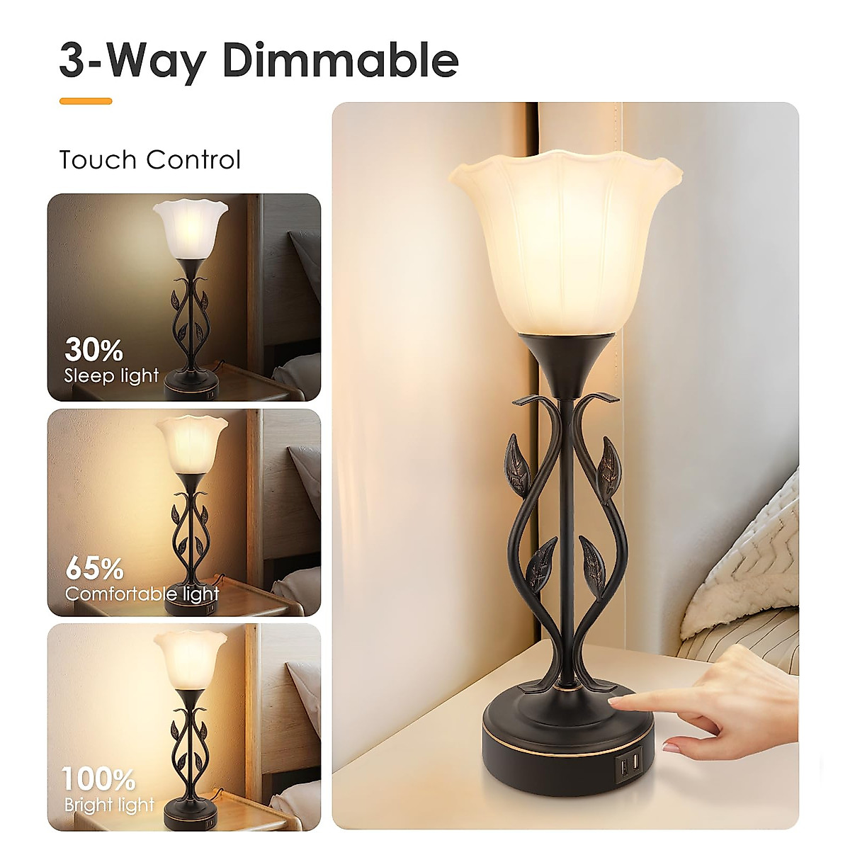 Touch Table Lamps for Bedroom, Bedside Lamps with USB Ports, 3-Way Dimmable Decorative Nightstand Lamp Rustic Leaf Torchiere Glass Flower Lamp for Living Room Dresser (Bulbs Included)