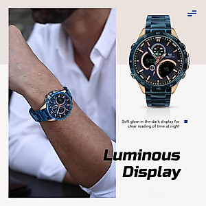 VERULEAN Mens Watches Military Watch for Men Japanese Movement Multifunctional LED Alarm Stopwatch Stainless Steel Waterproof Sport Watch 2 Time Zone Analog Digital Watch (QCS101-Blue & Gold -Black)