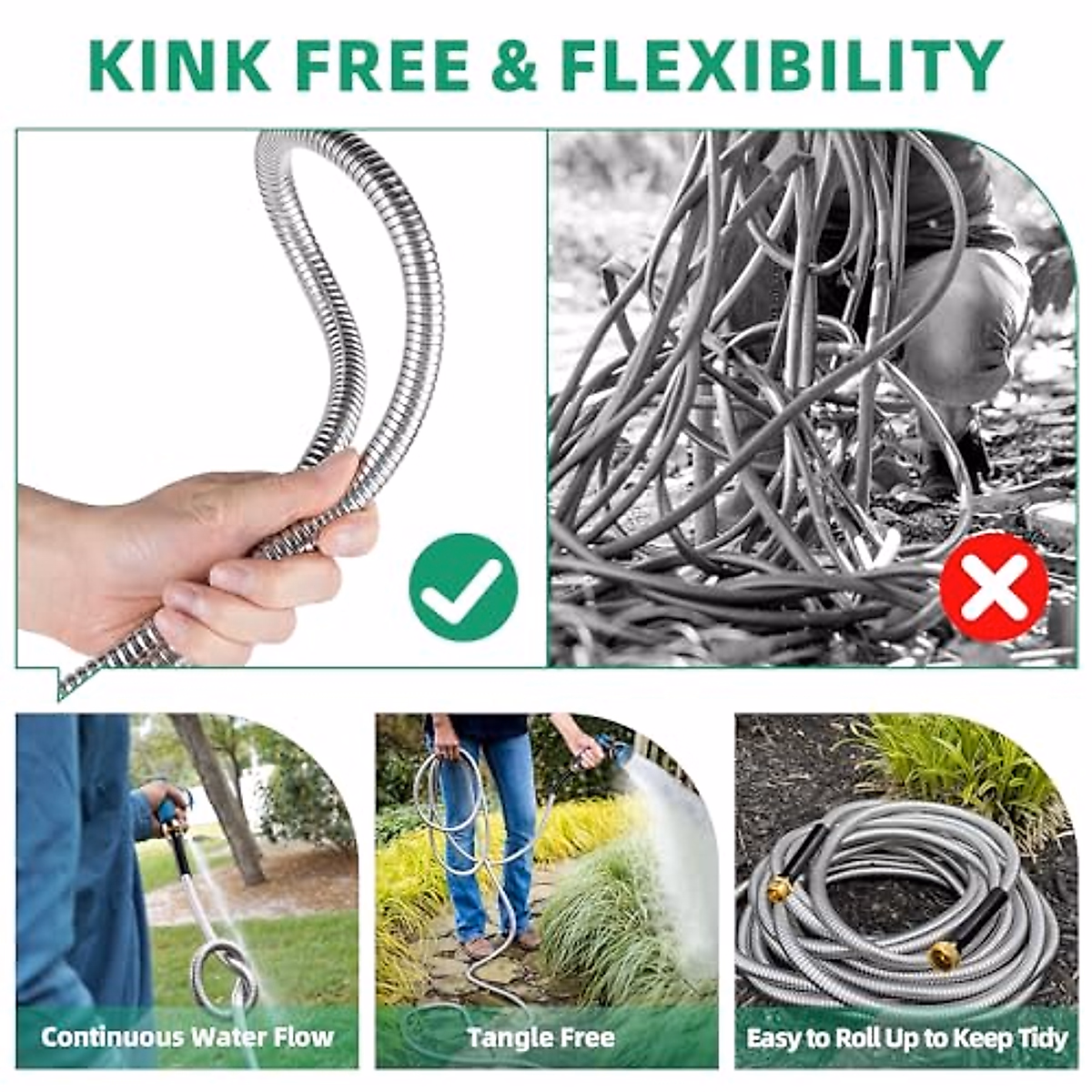 Garden Hose 100 ft - Water Hose 100 ft Metal Garden Hose Stainless Steel Flexible Garden Hose Collapsible and No Kink Water Pipe Outdoor Hose