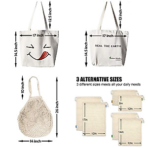 Organic Cotton Grocery Bag Value Bundle: Durable Washable Canvas Totes, Mesh Bags w/tare weight labels- 6pcs