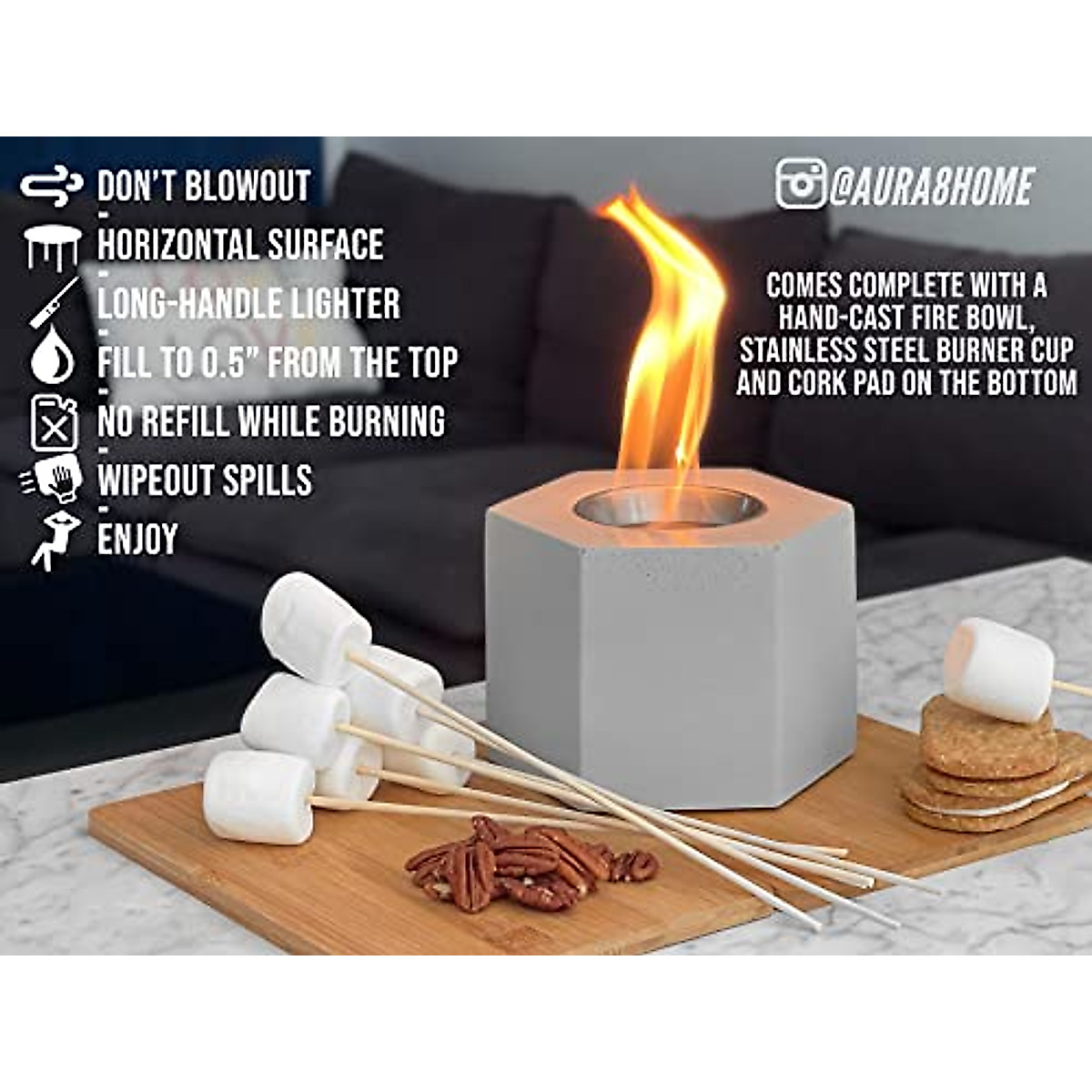 Tabletop Fire Pit Concrete, Rubbing Alcohol Indoor Fire Bowl, Mini Fireplace Outdoor Decor Portable Table Top Chiminea Meditation Isopropyl (Hexagon)