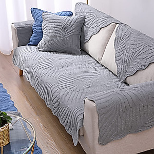 vctops Leaf Embroidery Cotton Couch Sofa Cover Non-Slip Sectional Couch Covers Sofa Slipcover for Dogs Cats Pet Love Seat Recliner Leather L Shaped, Armrest Backrest Cover(Grey,28"x82")