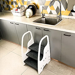 3 Step Stool for Toddler,Kids Three Step Stool for Bathroom Sink or Kitchen Counter Standing Tower, Children Step Up Learning Helper with Safety Handles and Non-Slip Pads,Grey