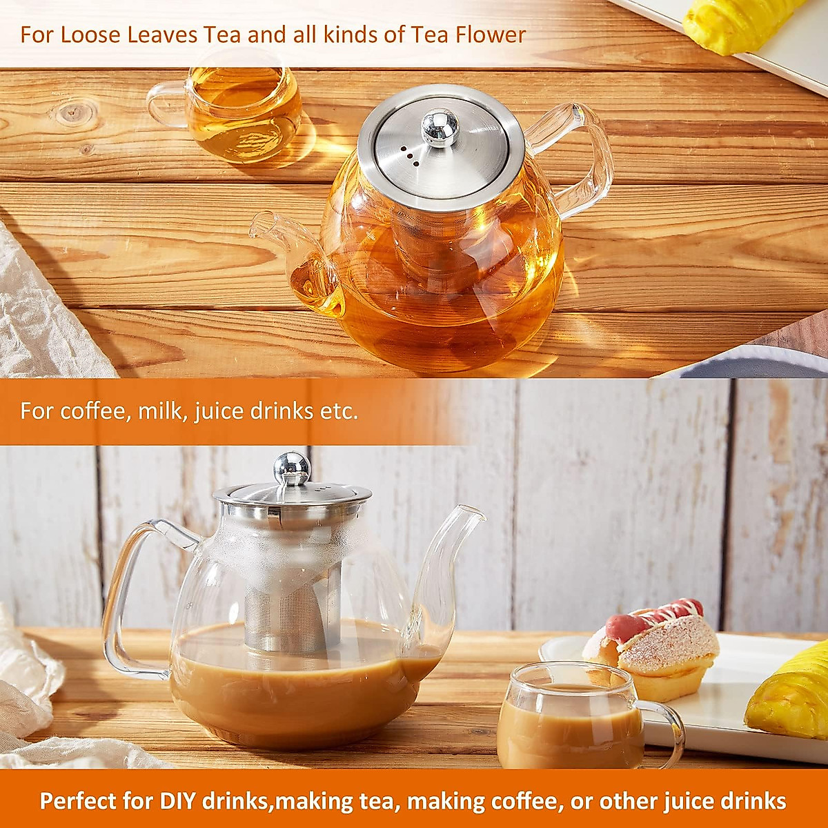 42oz/1250ml Glass Tea Kettle，Glass Teapot with Removable Stainless Steel Infuser, for Blooming and Loose Leaf Tea, Stovetop & Microwave Safe Tea Pot, Tea Maker's Choice