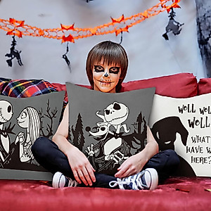 4Pcs Halloween Jack and Sally Christmas Pillow Covers 18x18 Inch Horror Cartoon Skull Throw Pillow Case Decorations Linen Decorative Square Cushion Covers for Home Sofa Couch Bed