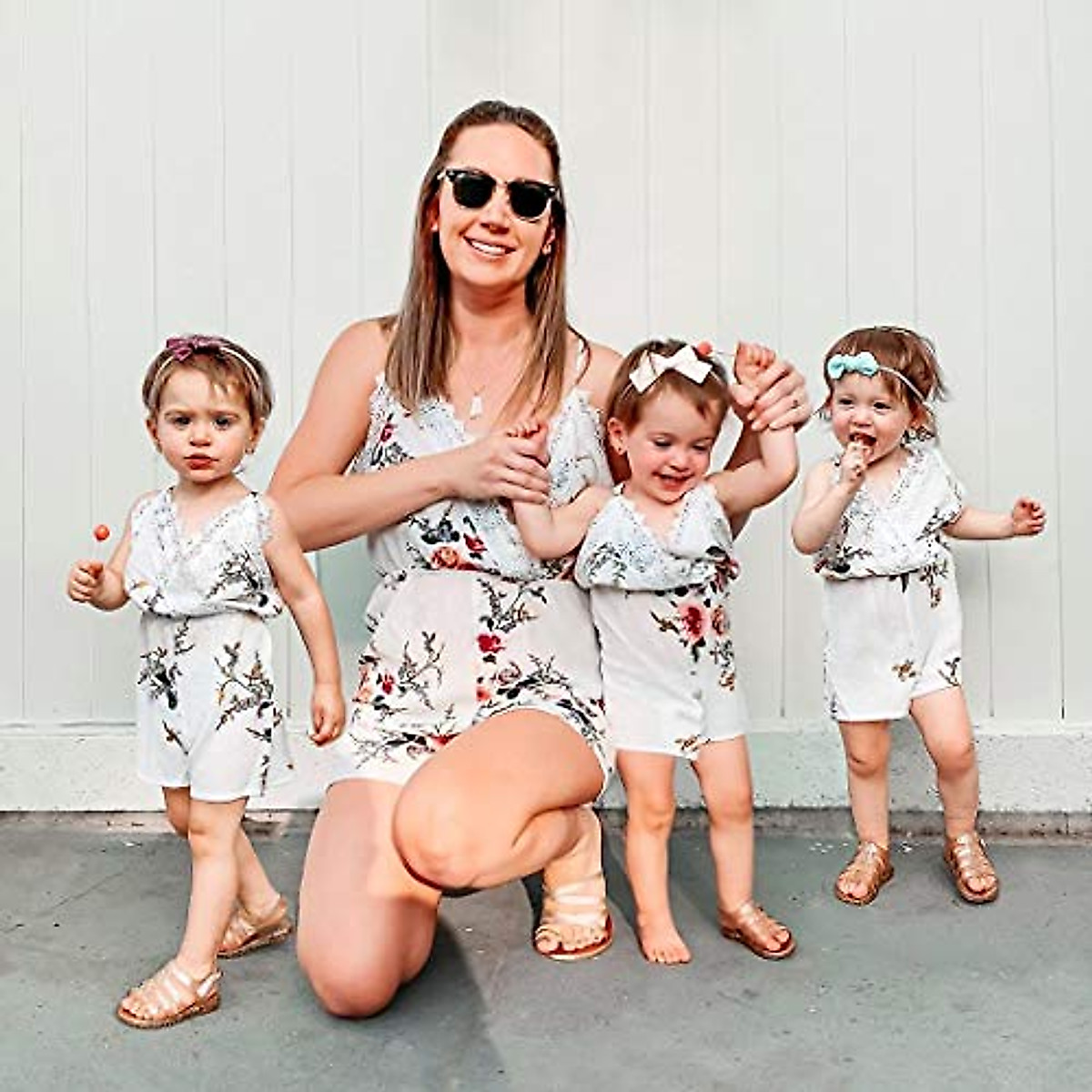IFFEI Mommy and Me Matching Jumpsuit Outfits Floral Printed V Neck Romper Beachwear White 6-7 Years
