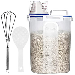 Airtight Rice Containers, BPA Free 3L Bin Dispenser with Pouring Spout, Measuring Cup for Cereal, Flour and Grain, Include a Stainless Steel Whisk and a Rice Spoon