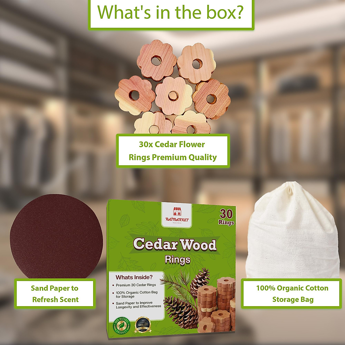 Raimarket Cedar Blocks for Clothes Storage - 30 Pack Cedar Chips Wood Flowers & Cedar for Closets, Wardrobe, Drawers & Shelves - Natural Aroma & Moisture Absorption