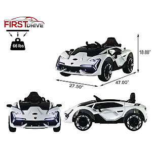 First Drive Lambo Concept 12v Car for Kids to Drive for Boys/Girls - Dual Motor Electric Power Ride on Car with Remote, MP3, Aux Cord, Led Headlights, and Premium Wheel (White)