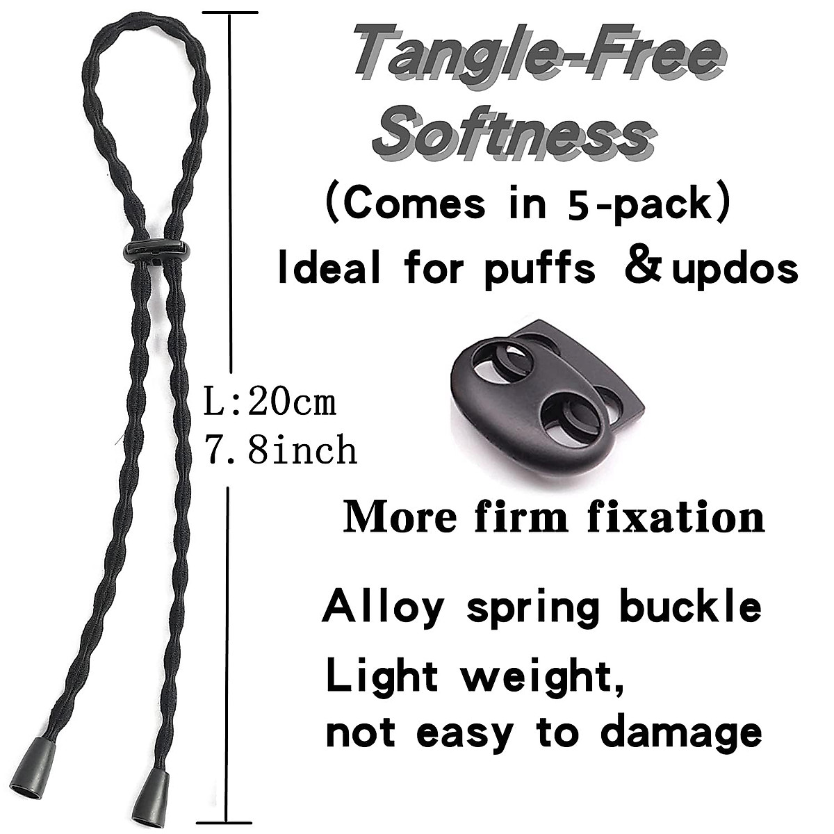 FEEZENT Afro Puff Drawstring Ponytail Ties Adjustable Length Hairband for Short Kinky Curly Hair Bun Hair Ties for Afro Long Cushioned Headband Ties for Women with Thick, No-Slip Design (A-Black-5PCS)