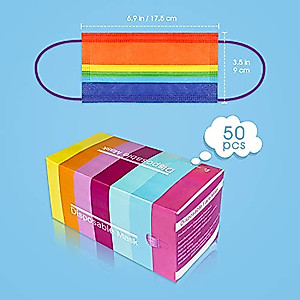 50PCS Disposable Face Mask Rainbow Colors 3-Layer Individually Wrapped Soft Elastic Earloop Nonwoven Fabrics (Random Rainbow Patterns & Colors)