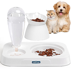 Nobleza 3-in-1 Slow Pet Feeder Bowl Bottle Set, Automatic Pet Dispenser Treat Food & Water Bowl with 15° No Spill Tilted Raised Bowl for Cat Dog Small Medium Pet Kitten Puppy Bunny Healthy Food Water