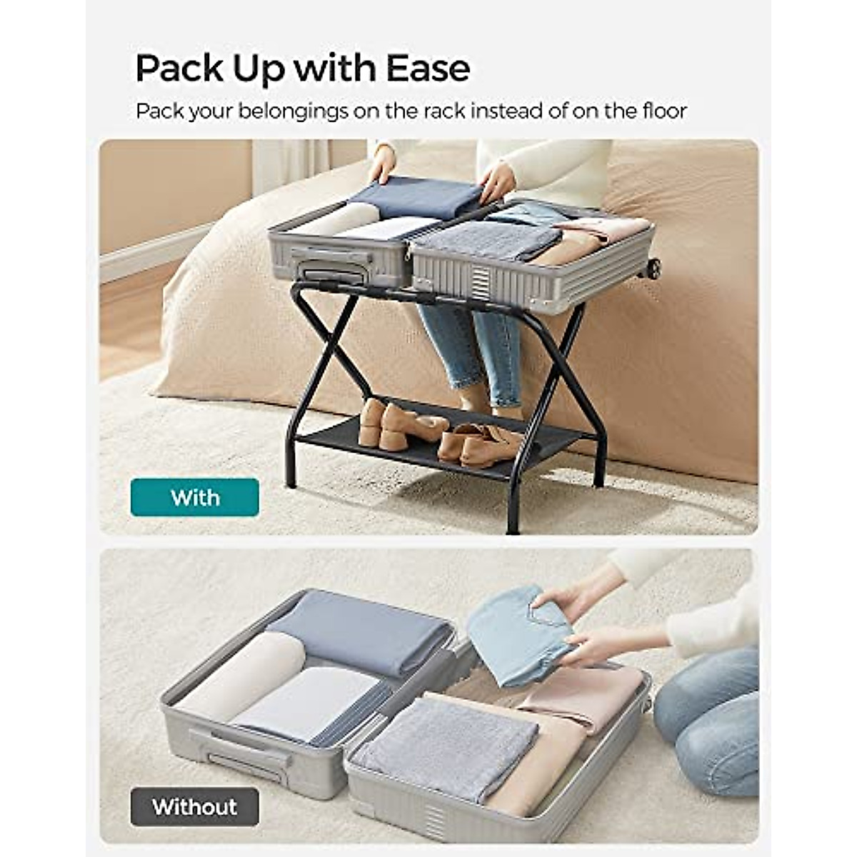 SONGMICS Luggage Racks, Set of 2, Suitcase Stand with Fabric Storage Shelf, for Guest Room, Bedroom, Hotel, Foldable Steel Frame, Holds up to 110 lb, 27.2 x 15 x 20.5 Inches, Black URLR002B02