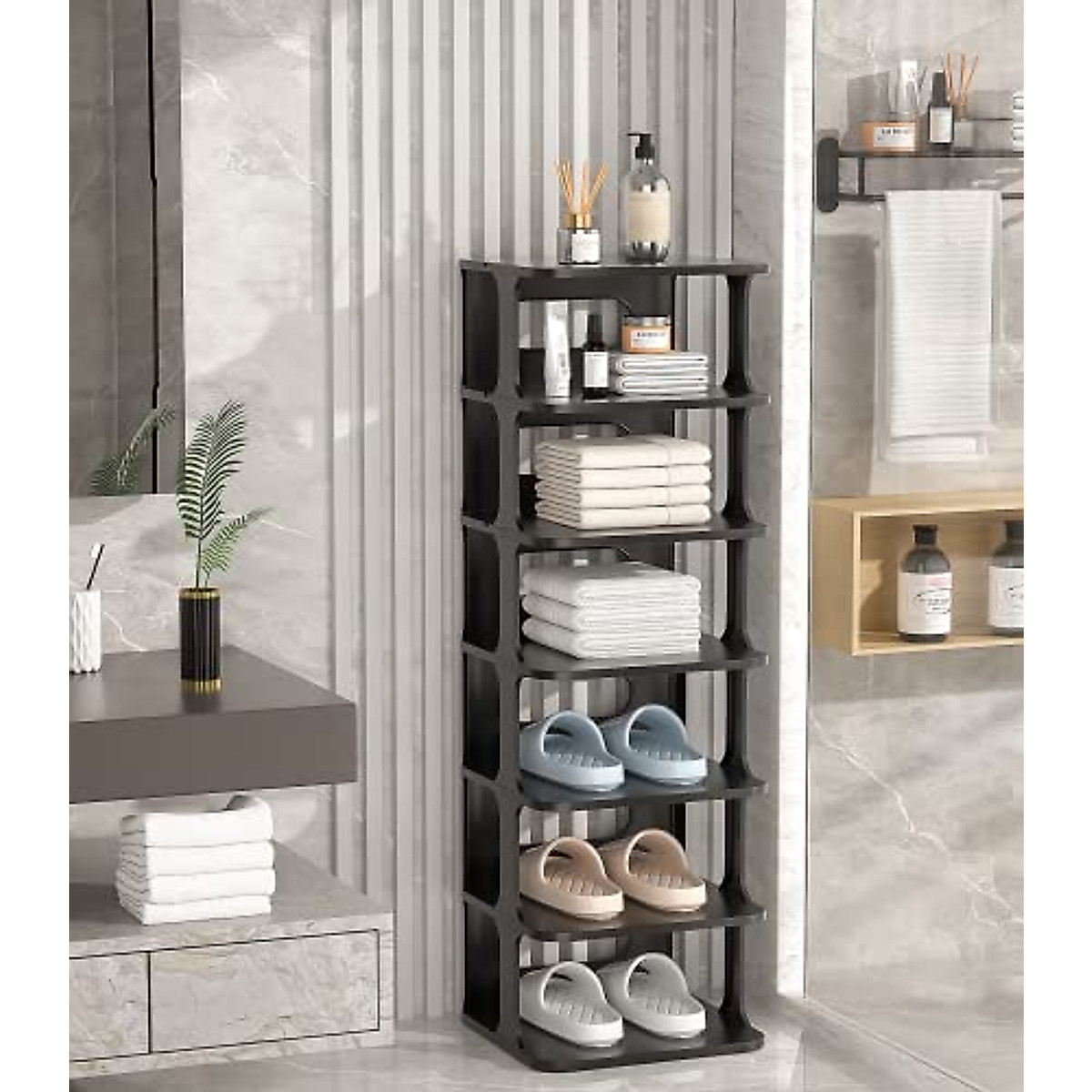 Dscabomlg DIY Shoe Rack 8 Tier Shoe Organizer for Closet and Entryway Stackable Shoe Storage Narrow Free Standing Shoe Rack Plastic Vertical ShoeHolder Cubby Shoe Stand Shoe Shelf (Black, 8 Tiers)
