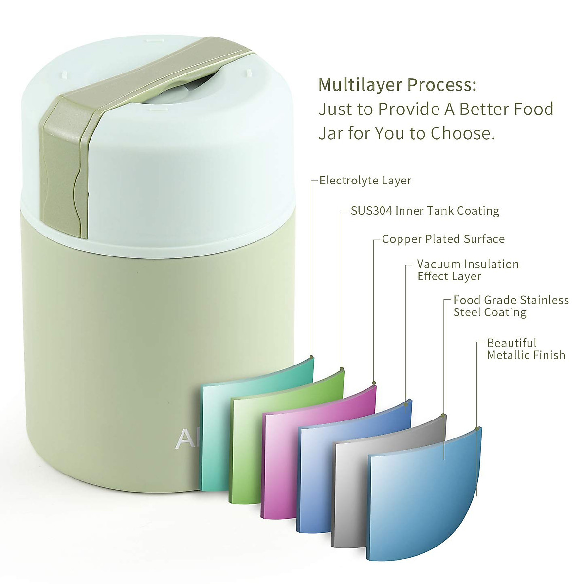 Alxeme Insulated Food Jar Vacuum Insulated Lunch Container Wide Mouth Bento Box with Leak Proof Cap 27OZ Stainless Steel Hot Food Meal Carrier with Spoon & Handle for Kids/Adult Food Flask - Matcha