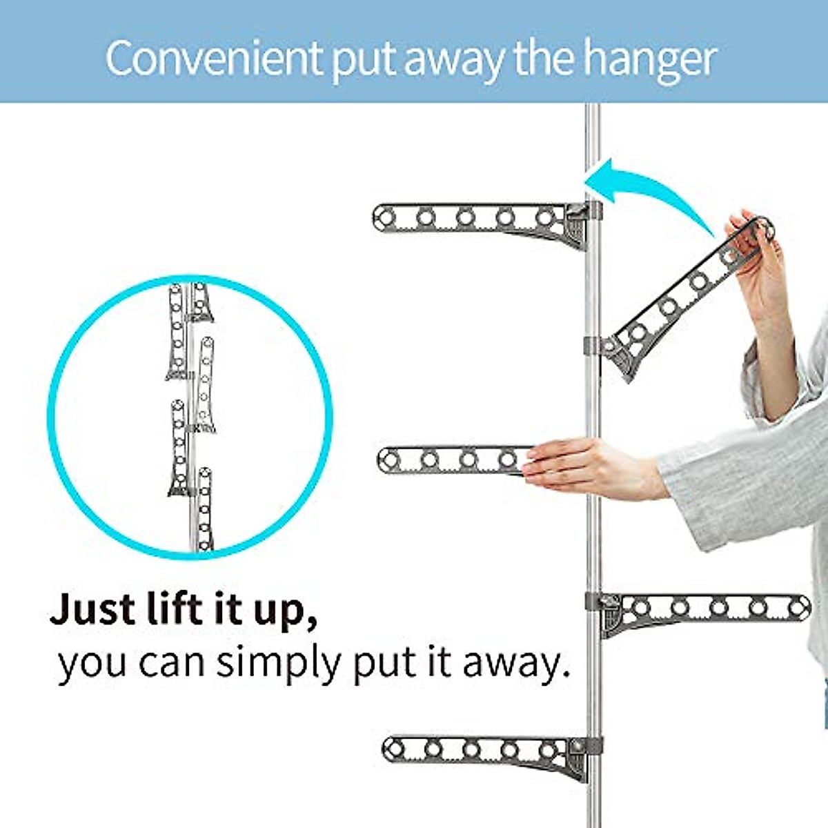 BAOYOUNI Foldable Laundry Pole Clothes Tree Drying Rack Airer Corner Tripod Coat Hanger Standing Garment Storage Shelf Holder Indoor Space Saving Organizer with 5 Adjustable Arms, Grey